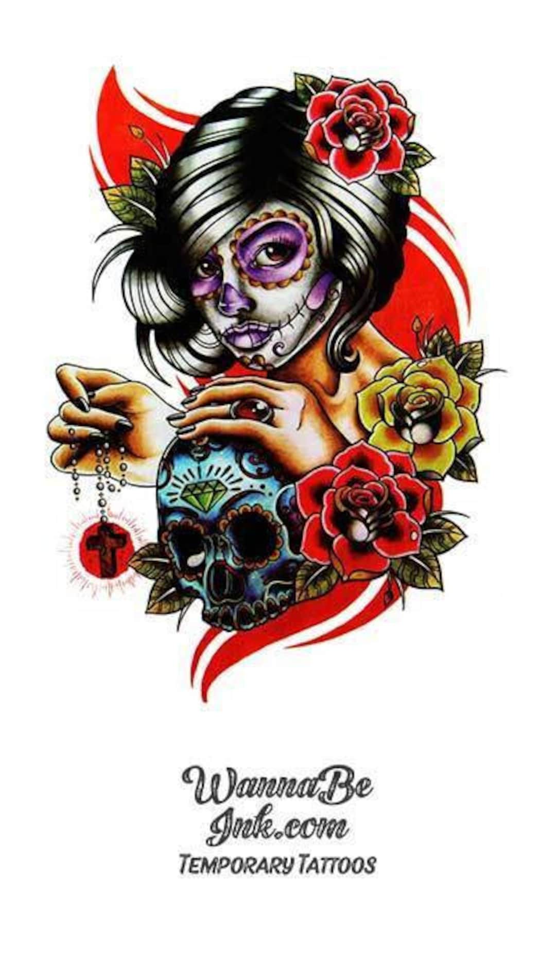 Sugar Skull Girl and Skull With Roses Best Temporary Tattoos - Etsy