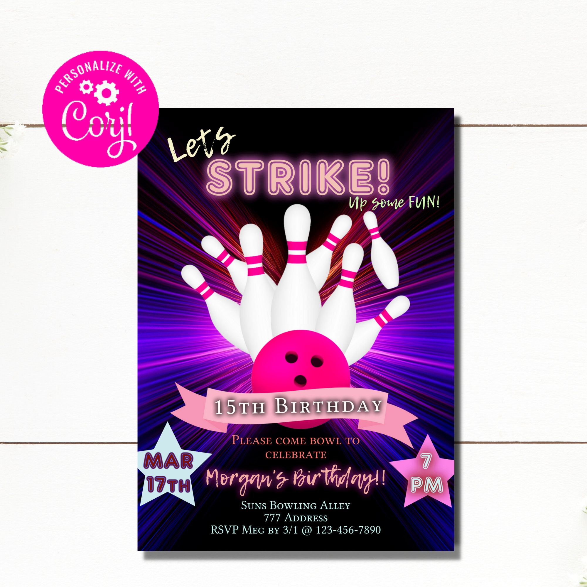 Bowling Birthday Invitation: Girl Bowling Party (5x7 In, Digital) - Etsy
