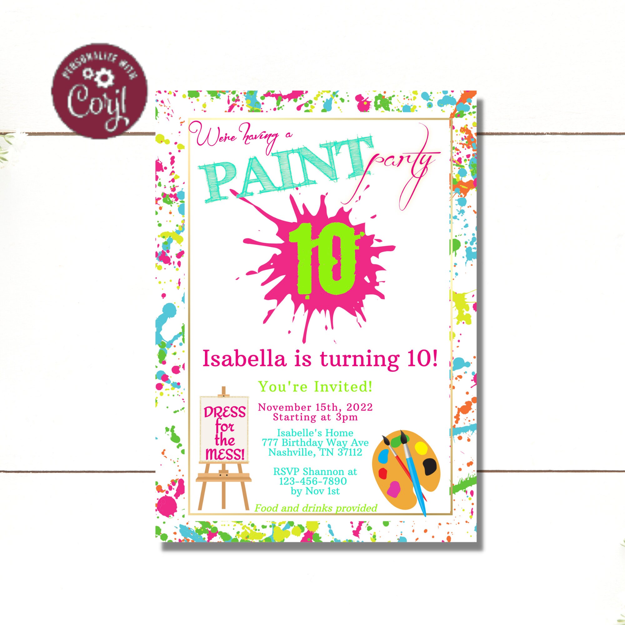 Paint Party Printable Invite. 10th Birthday Invitation. Art Party ...