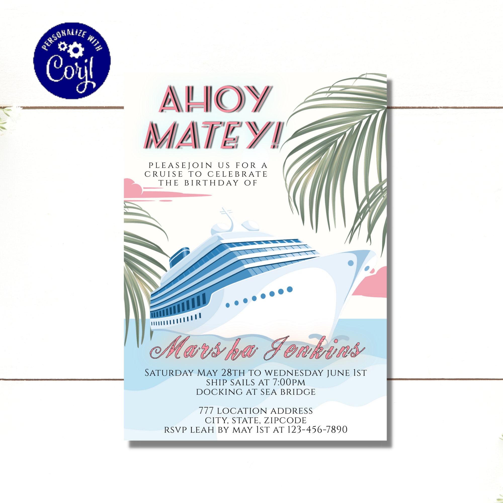 Cruise Birthday Invitation: Ahoy Matey, Editable Boat Party (digital ...