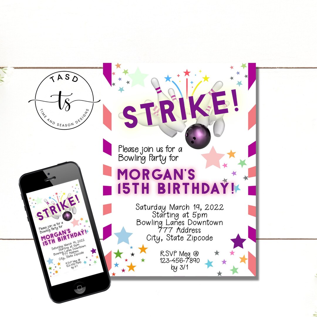 Bowling Birthday Invitation: Girl Bowling Party, 5x7 in (digital) - Etsy