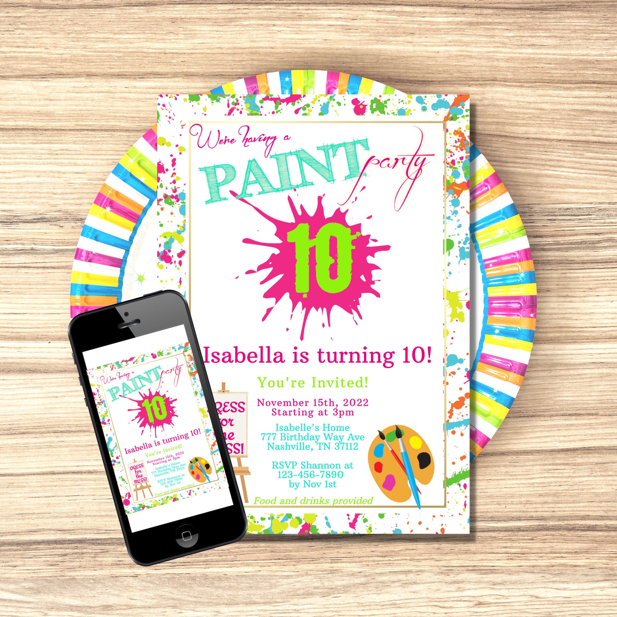 Paint Party Printable Invite. 10th Birthday Invitation. Art Party ...