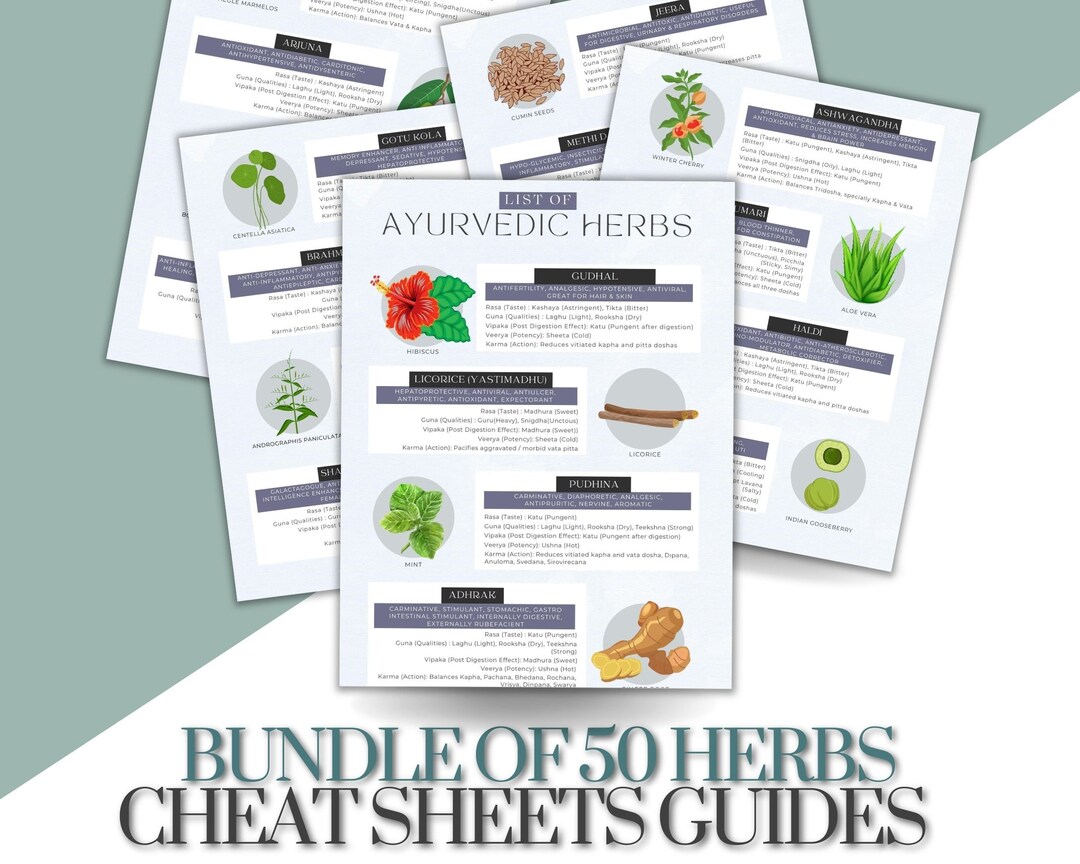 Ayurvedic Herbs Cheat Sheet Guides, Set of 55 Ayurveda Herbs Set Guides Ayurvedic Properties ...