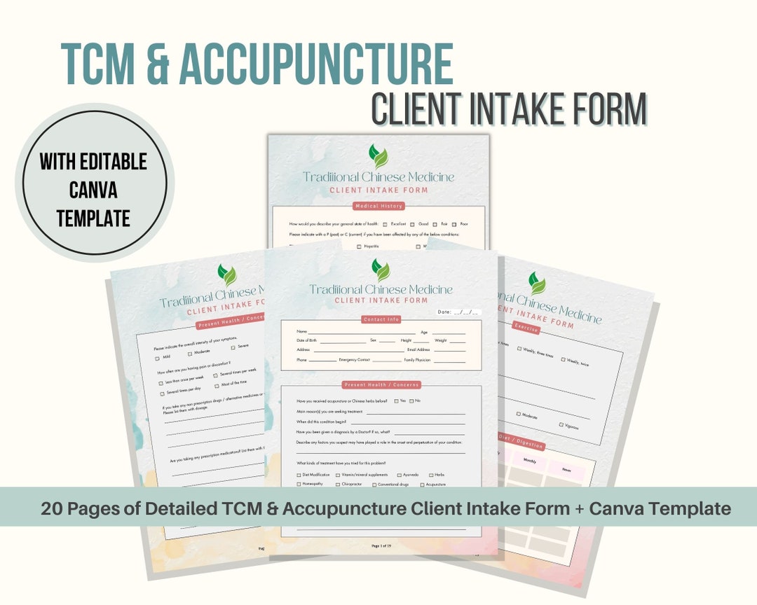 TCM and Accupuncture Client Intake Form PDF & Editable Canva Template ...