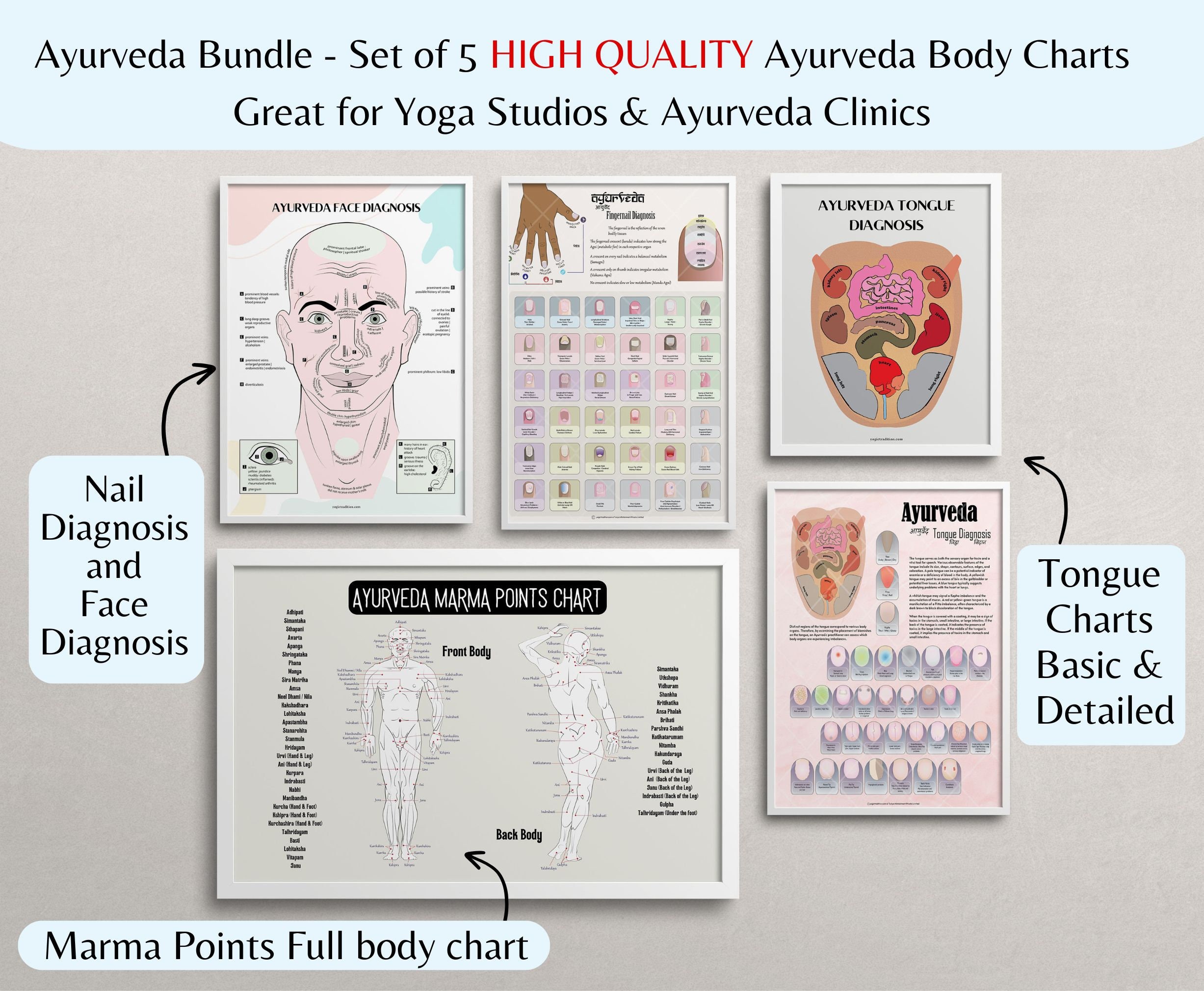 Ayurveda Posters Bundle of 5 Posters for Clinic, Face Tongue Nail ...