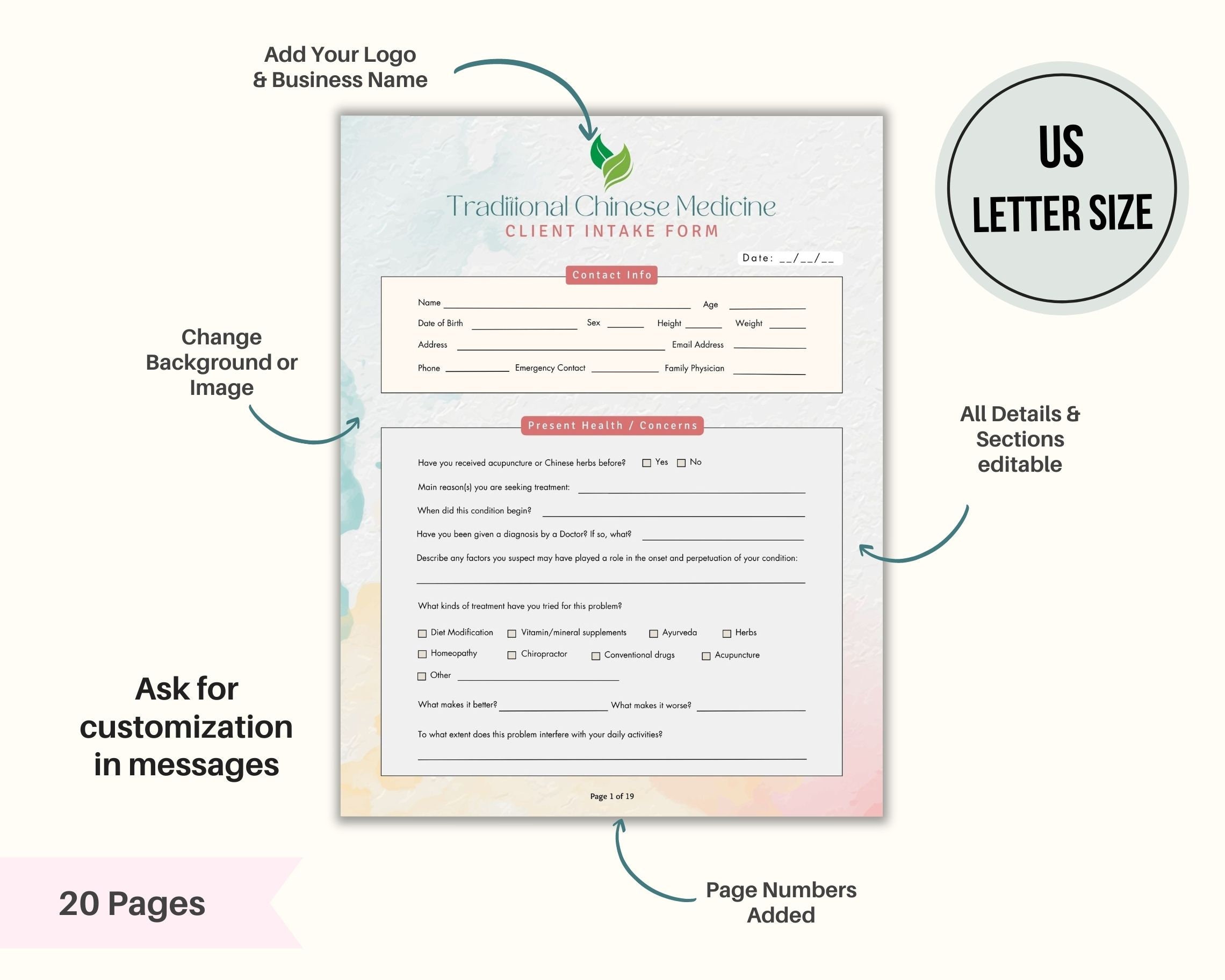 TCM and Accupuncture Client Intake Form PDF & Editable Canva Template ...