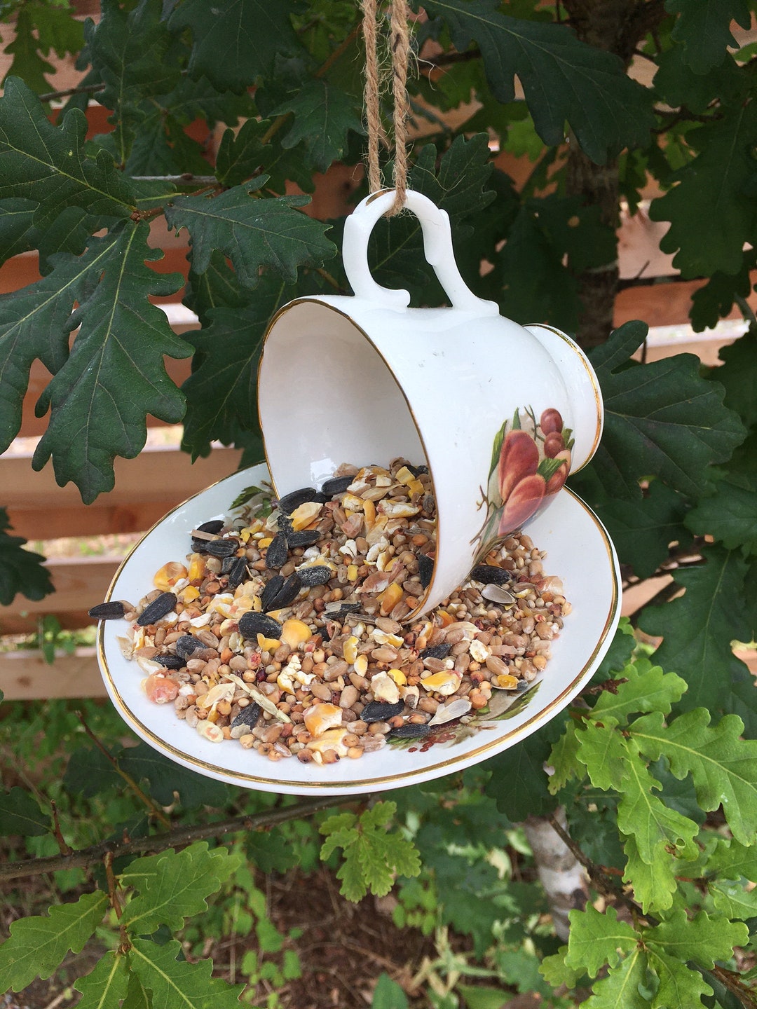 Handmade Teacup Bird Feeder With Peaches, Plums and Grapes Fine Bone ...