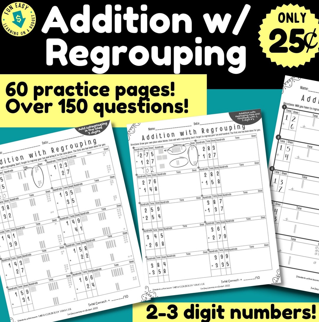 2 & 3 Digit Addition With Regrouping-62 Practice Pages With Over 150 ...