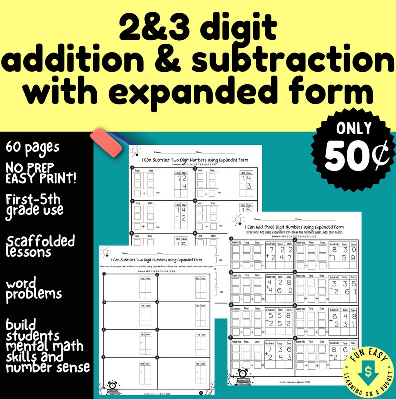60 PRACTICE Pages 2 and 3 Digit ADDITION&SUBTRACTION W/expanded Form - Etsy