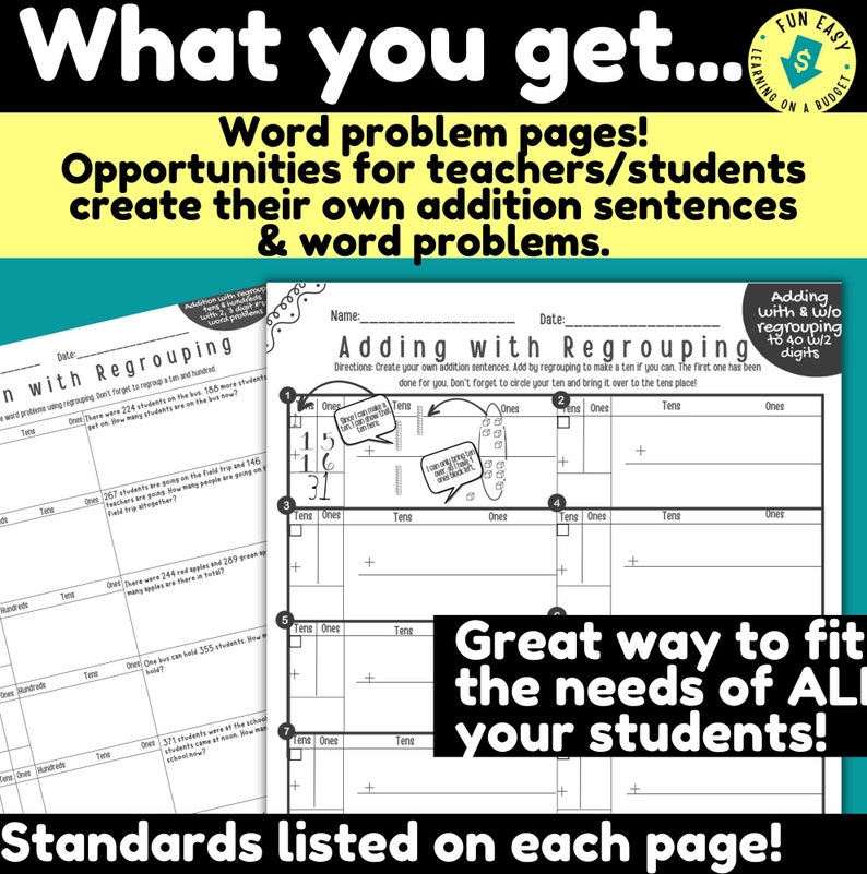 2 & 3 Digit Addition With Regrouping-62 Practice Pages With Over 150 ...
