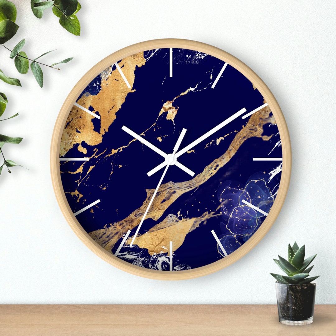 Blue Marble Wooden Frame White Hand Wall Clock - Etsy