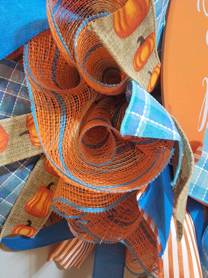 Blue Fall Wreath, Blue and Orange Fall, Blue Pumpkin Wreath, Thankful ...