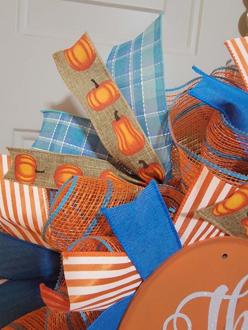 Blue Fall Wreath, Blue and Orange Fall, Blue Pumpkin Wreath, Thankful ...