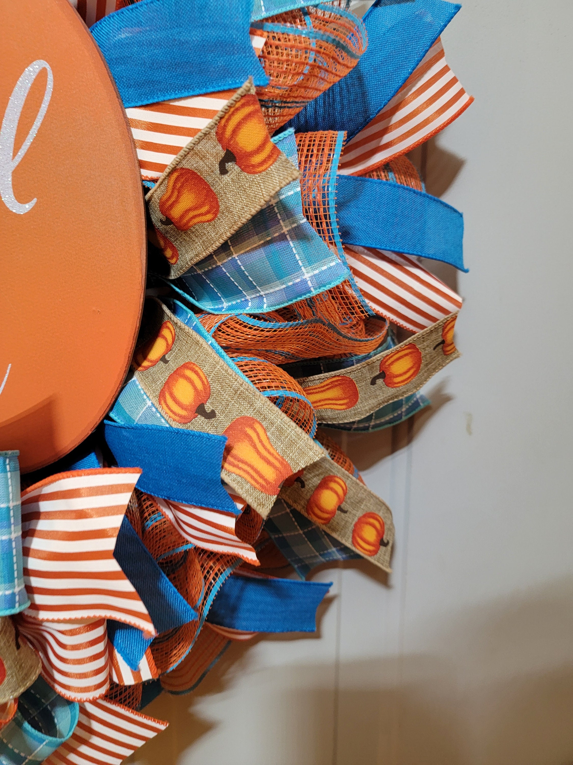 Blue Fall Wreath, Blue and Orange Fall, Blue Pumpkin Wreath, Thankful ...