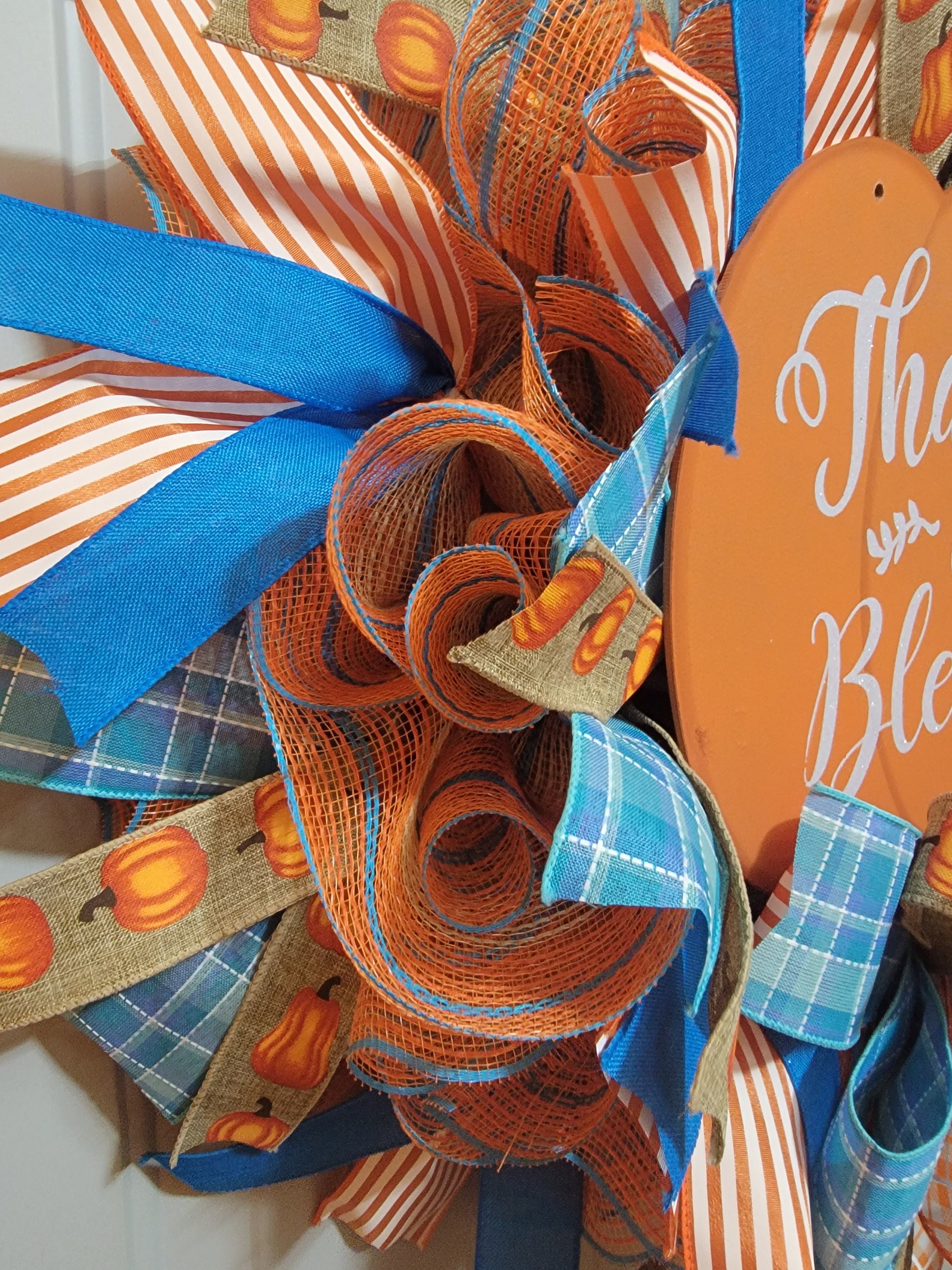 Blue Fall Wreath, Blue and Orange Fall, Blue Pumpkin Wreath, Thankful ...