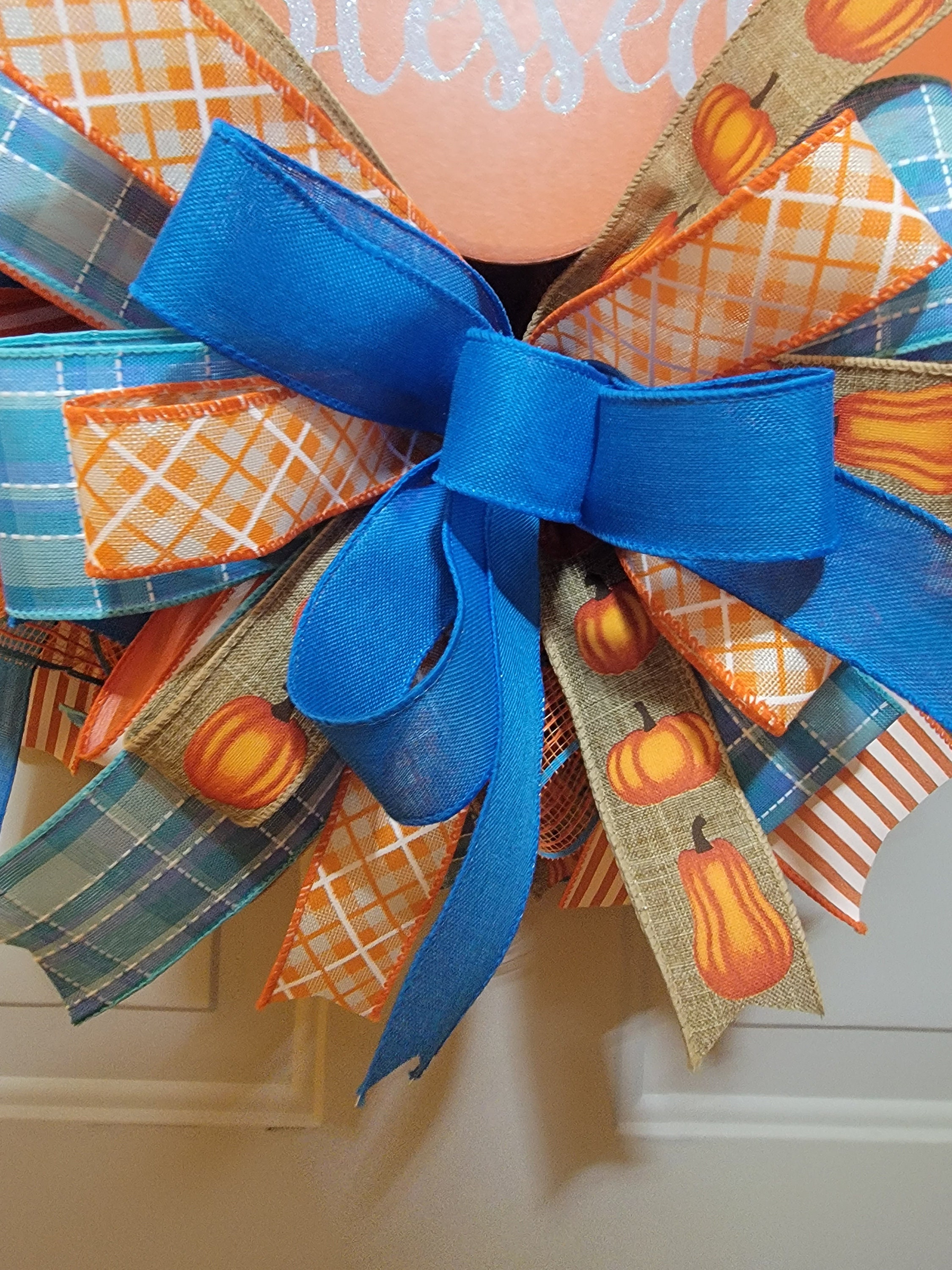 Blue Fall Wreath, Blue and Orange Fall, Blue Pumpkin Wreath, Thankful ...