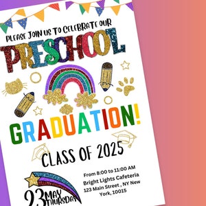 Preschool Graduation Invitation Editable Template, Pre-k Kindergarten ...