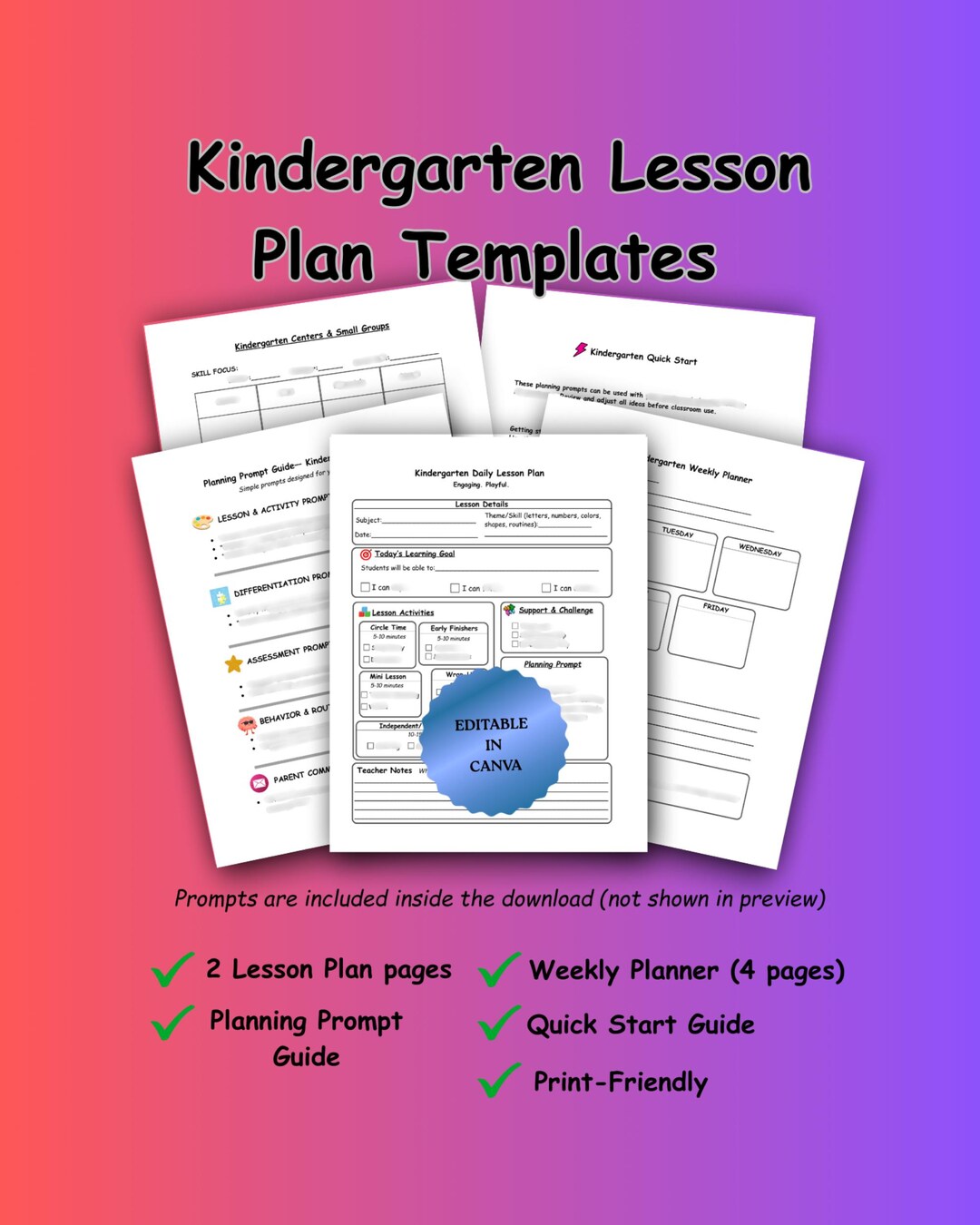 Kindergarten Teacher Lesson Planning Templates | Weekly Planner ...