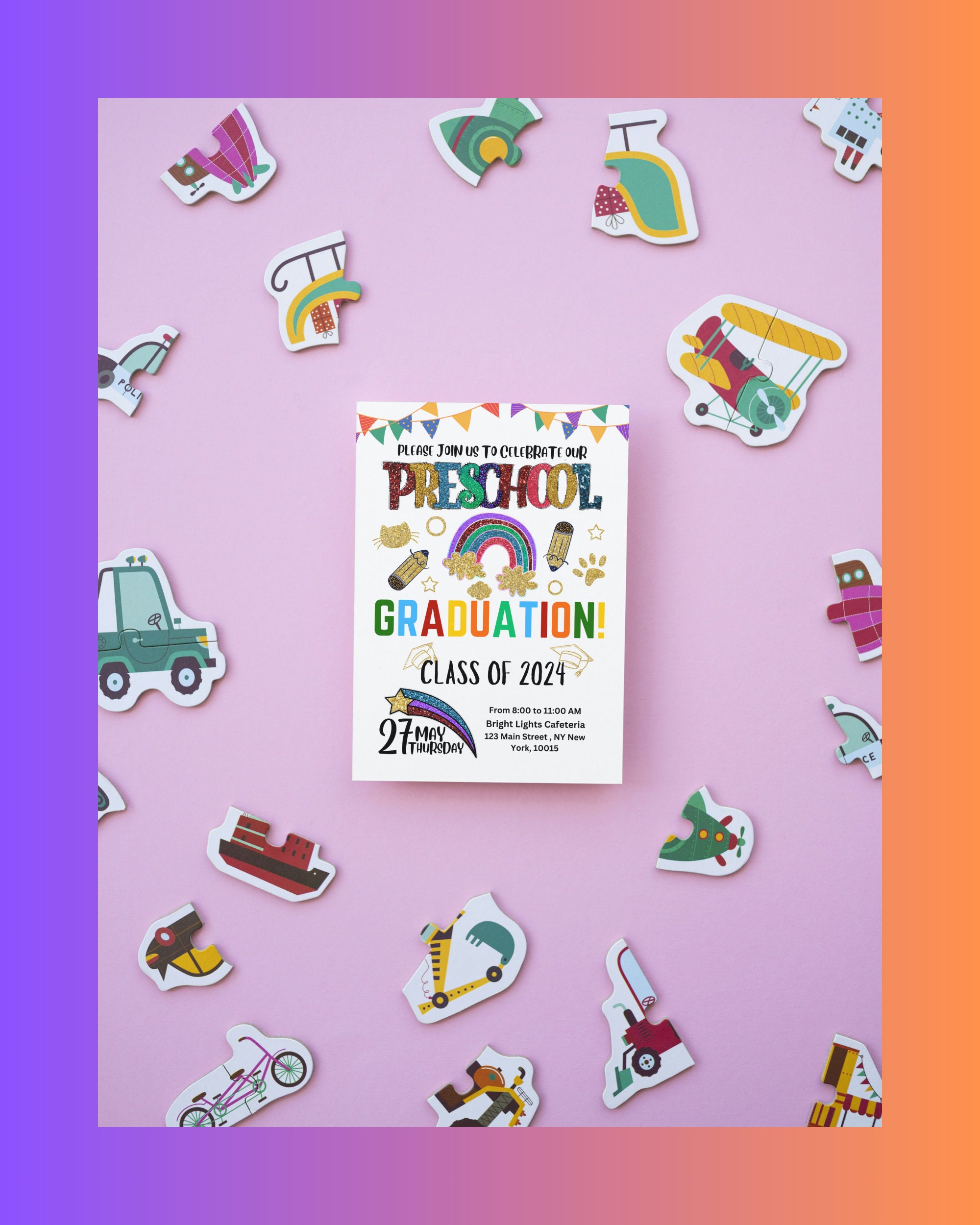 Preschool Graduation Invitation Editable Template, Pre-k Kindergarten ...