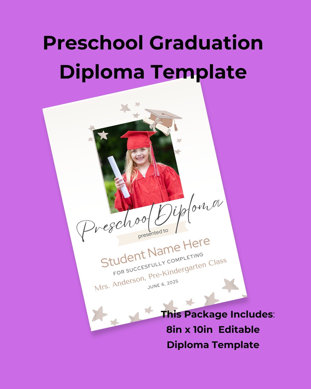 Editable Preschool Diploma With Photo, Preschool Graduation Certificate ...