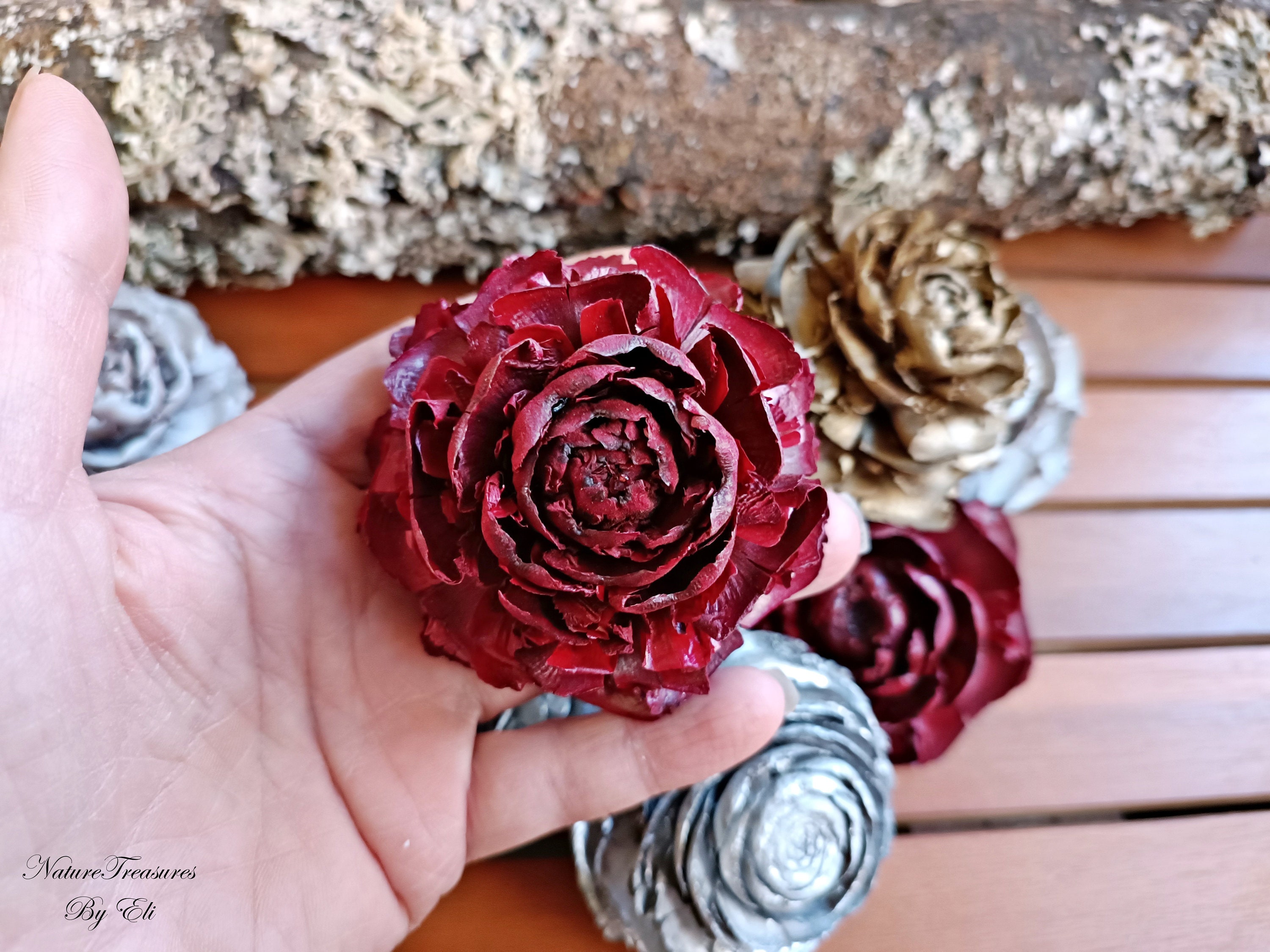 Extra Big Cedar Golden Red Rose Flowers, 8 Pcs Deodar Cedar Cones ...