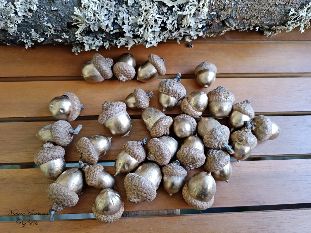 Golden Painted Acorns With Hats, 20 Pcs Wreaths Crafts Ornament ...