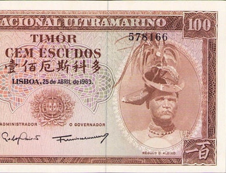 Timor 100 Escudos Currency Banknote 1963 UNC, Slightly Stained- Old ...
