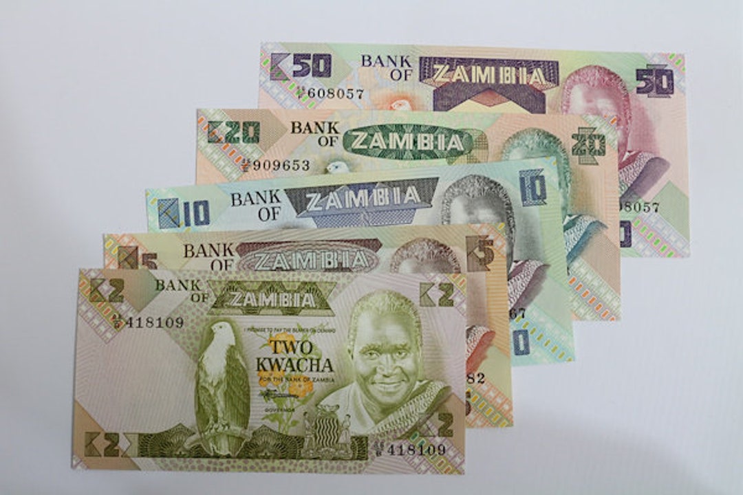 Zambia 2/5/10/20/50 Kwacha, Currency Banknote 5 Pcs. 1980-1988 UNC, Old ...