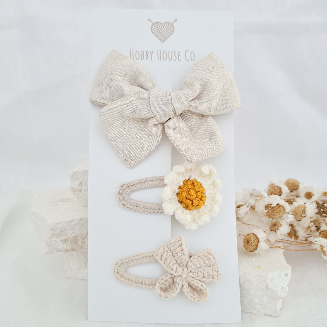 Large Neutral Daisy 3 in One Set Hair Bow Clip for Little - Etsy