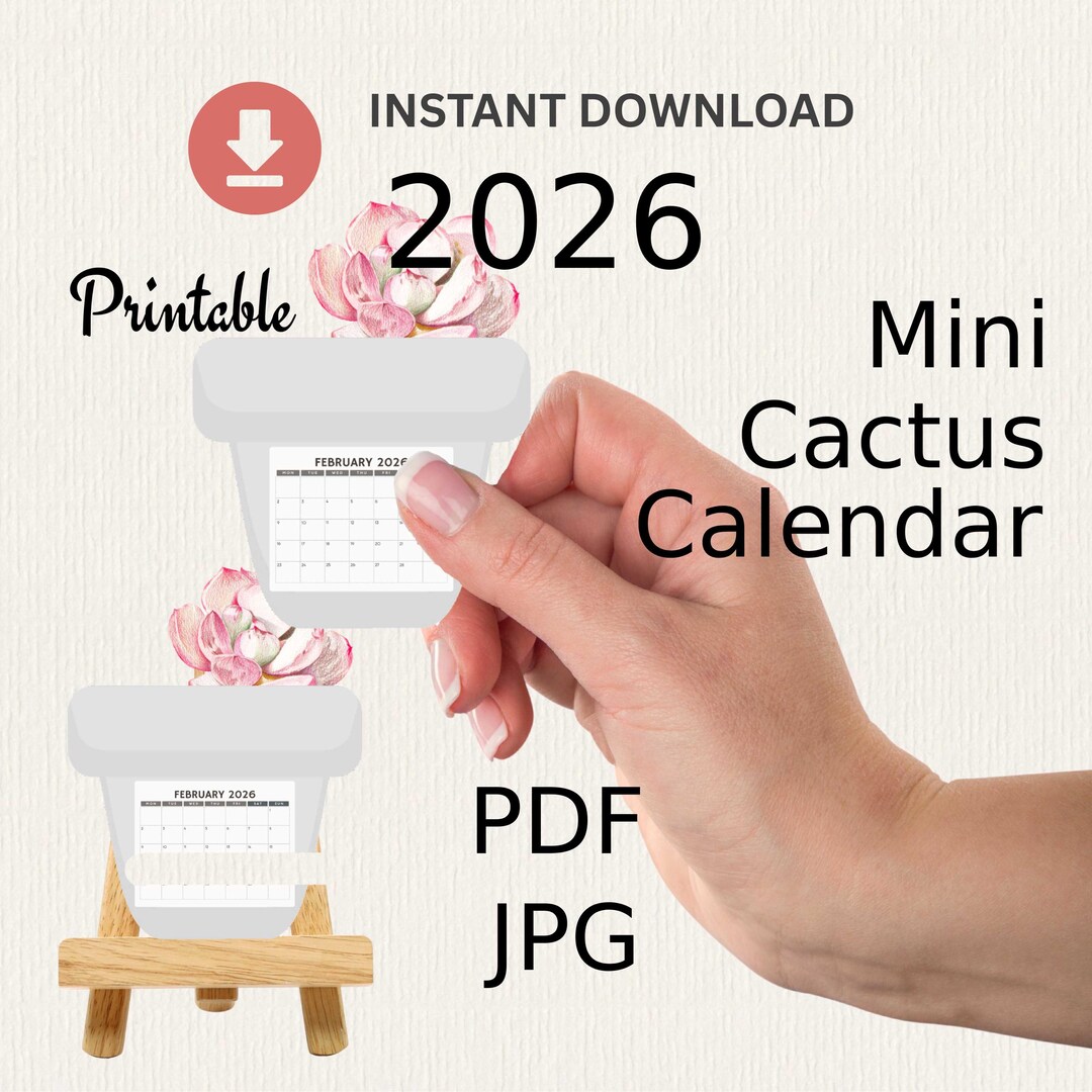 Cactus Mini Desk Calendar 2026 PRINTABLE 12 Month Cute Plants DIY ...