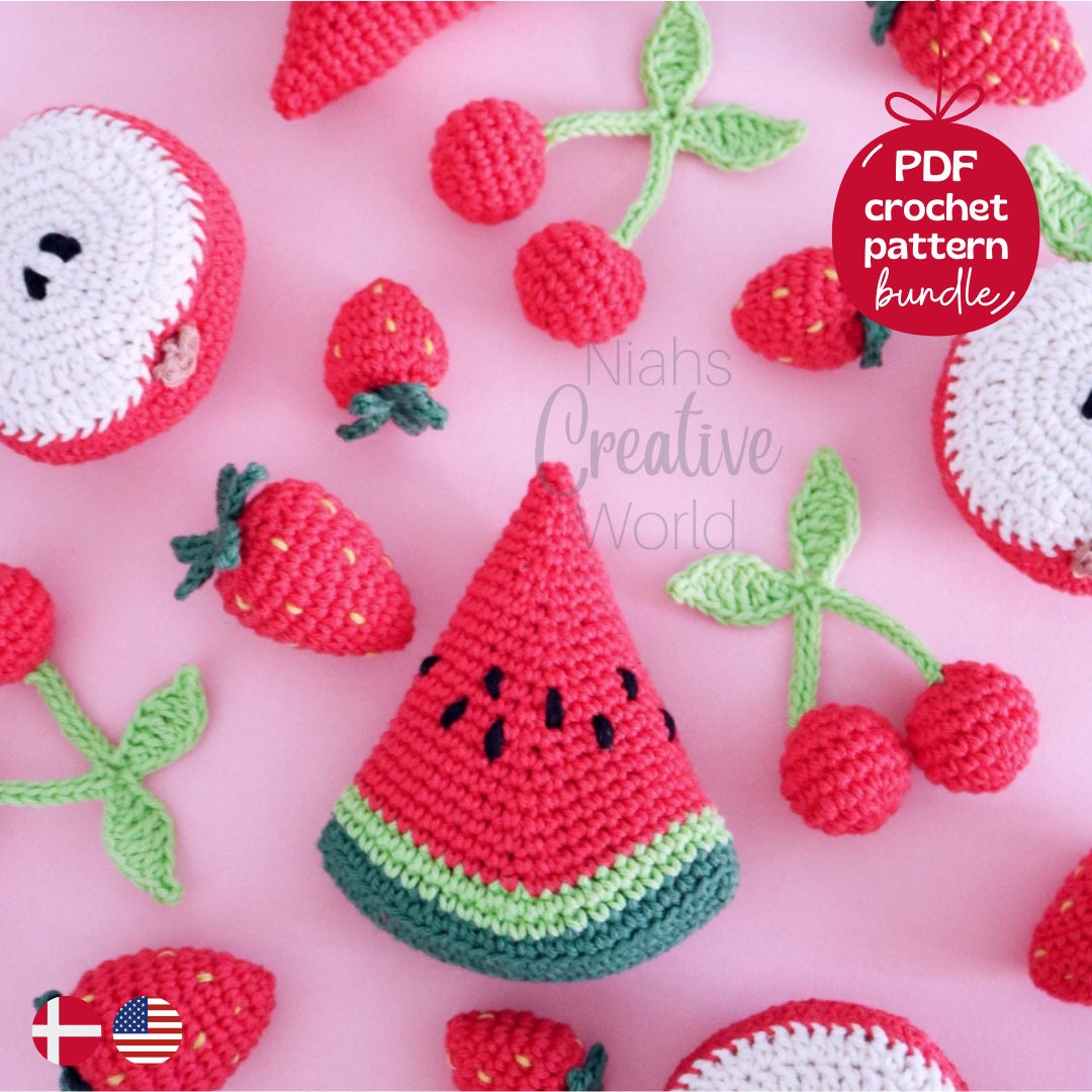 Red Fruits and Berries, Crochet Pattern Bundle, Watermelon, Apple ...