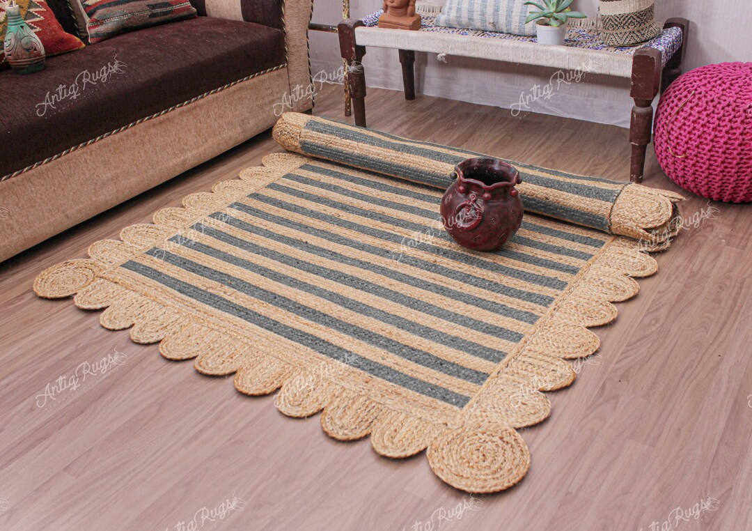 Grey Scalloped Jute Rug, Scallop Pattern Rug, Natural Jute Rug ...