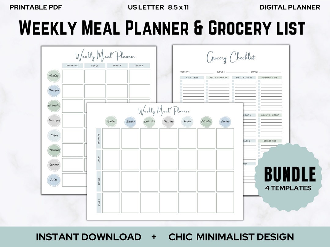 Weekly Meal Planner & Grocery Checklist Meal Plan Printable Meal Prep ...
