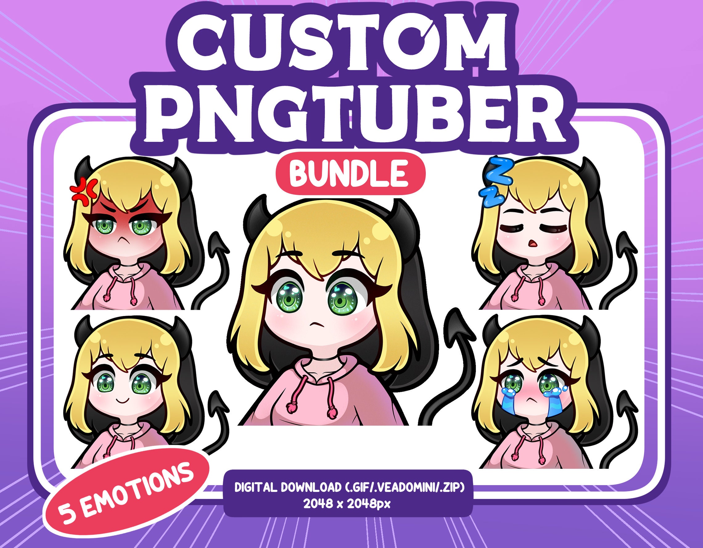 BUNDLE Custom Pngtuber 5 Emotions (focused, Angry, Crying, Sleeping ...