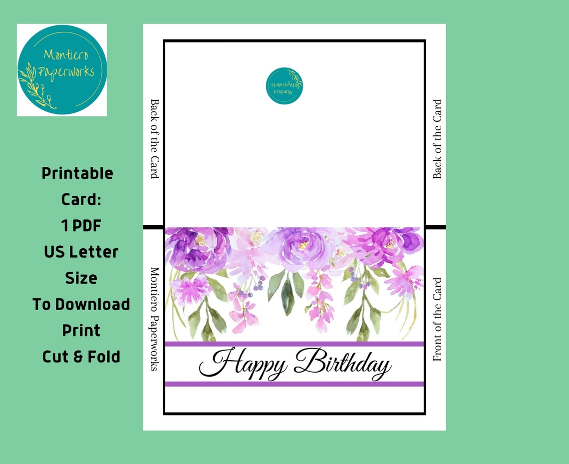 Happy Birthday Card, Purple Floral Birthday Card for Her, Digital ...