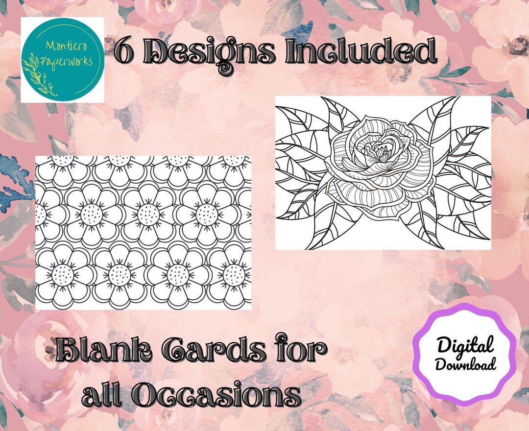 6 Card Design, Blank Cards, Coloring Card, Multi Occasion Card, Flower ...