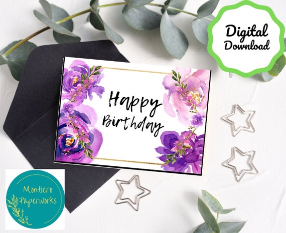 Happy Birthday Card Purple Floral Themed Card With Gold | Etsy