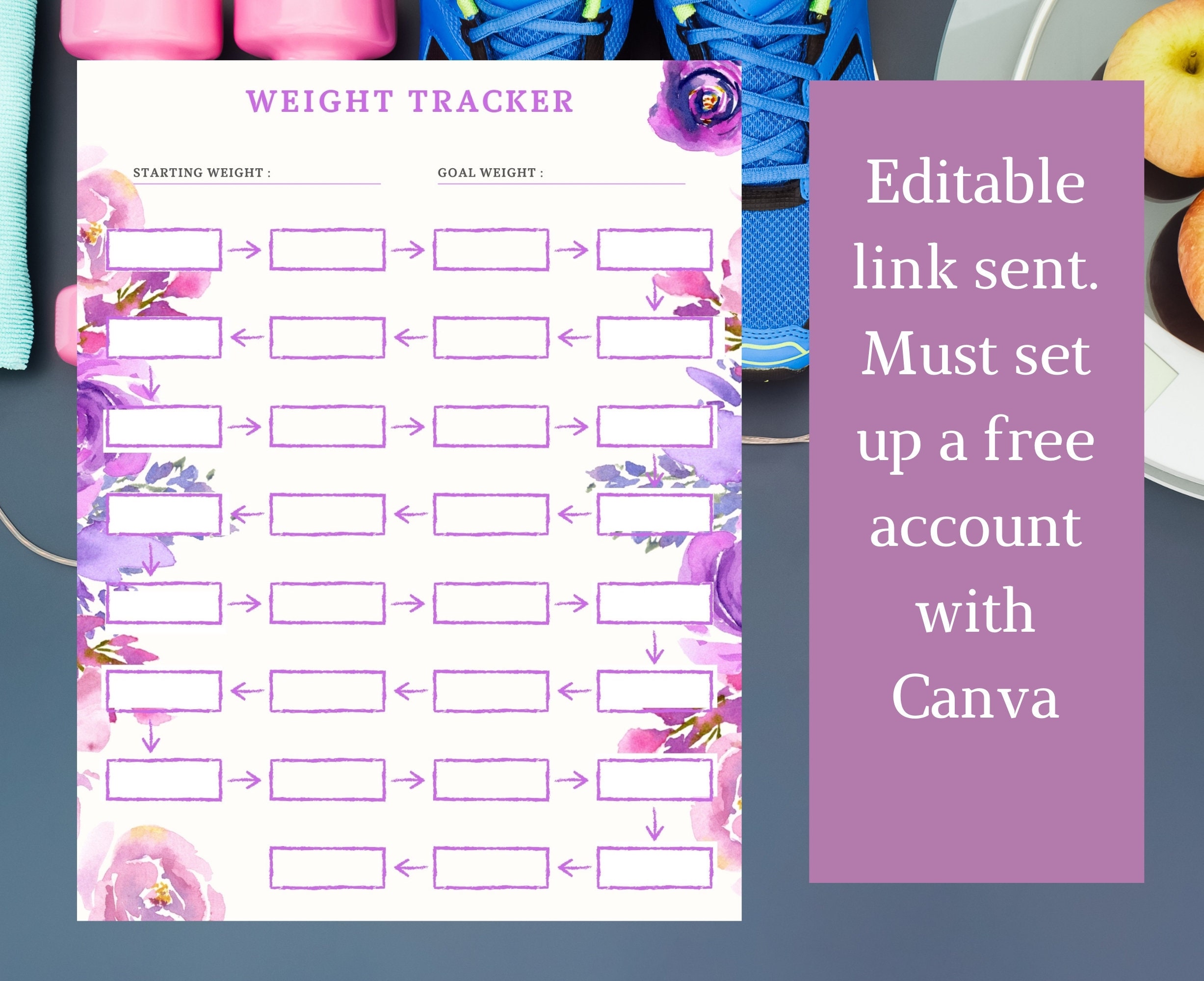 Weight Loss Tracker, Floral Design, Digital Product and Edit Product to ...