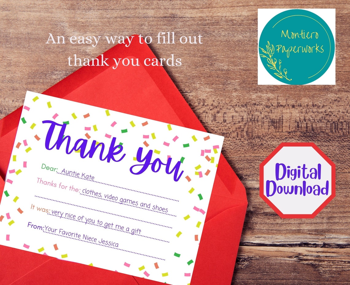Thank You Card Fill In, Easy Thank You Cards for Kids, Thank You Card ...