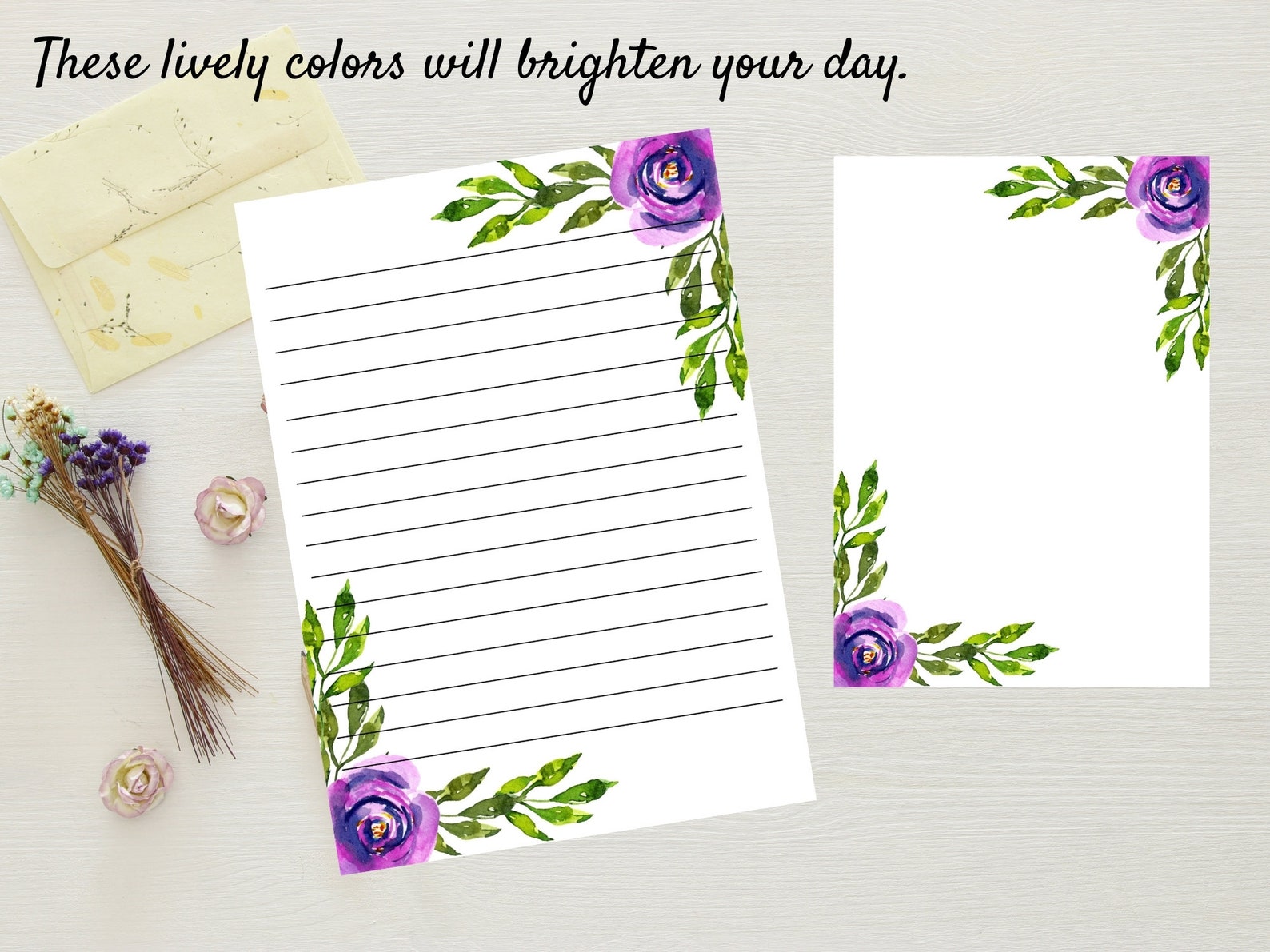 6 Floral Stationery Designs, Lines and Unlined Paper, Digital Download ...