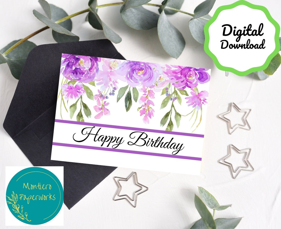 Happy Birthday Card, Purple Floral Birthday Card for Her, Digital ...