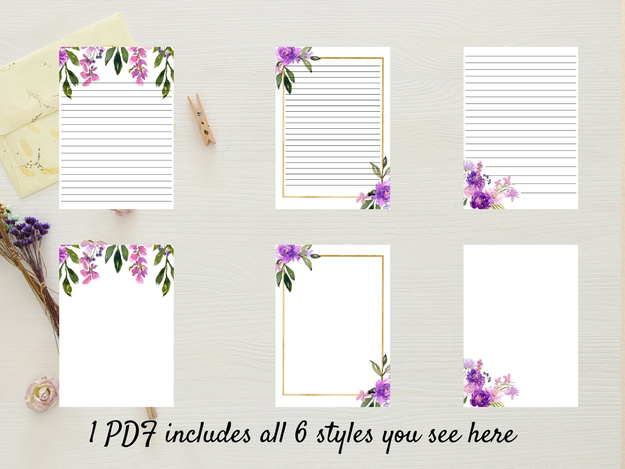 6 Different Stationery Designs, Floral Designed Lined and Unlined Pages ...