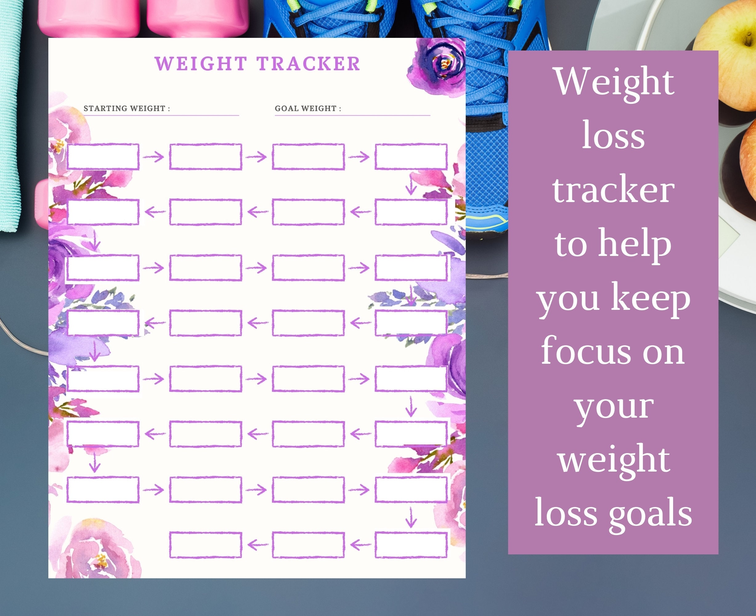 Weight Loss Tracker, Floral Design, Digital Product and Edit Product to ...