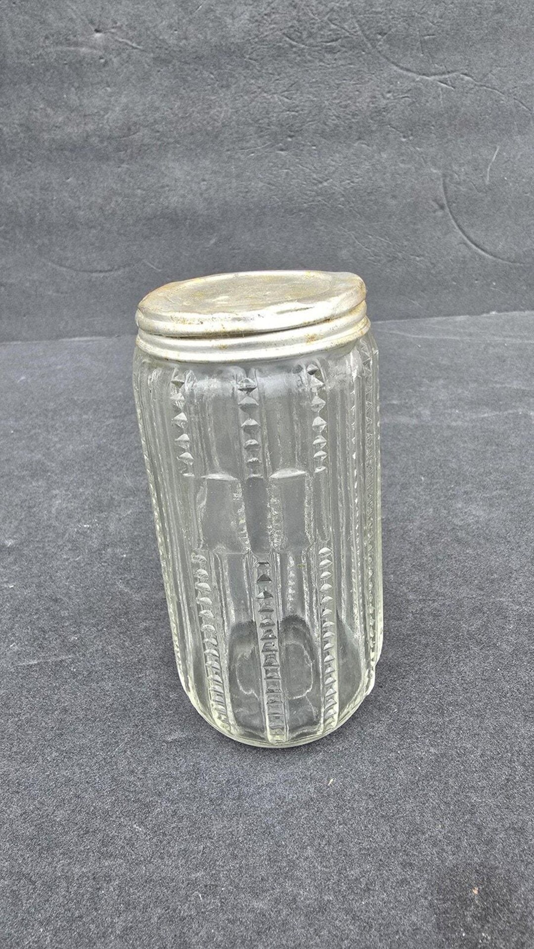 Vintage Embossed Glass Pantry Jar Small Ribbed Panels With Metal Tin ...