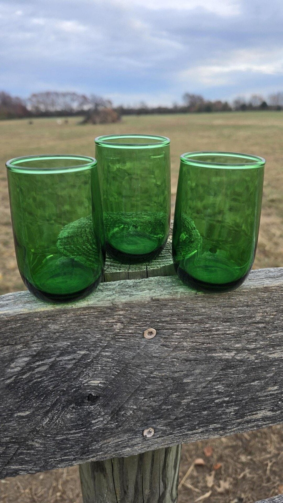 Set 3 Green Glass Tumblers Drinking Glasses Vintage Style Textured Cups ...