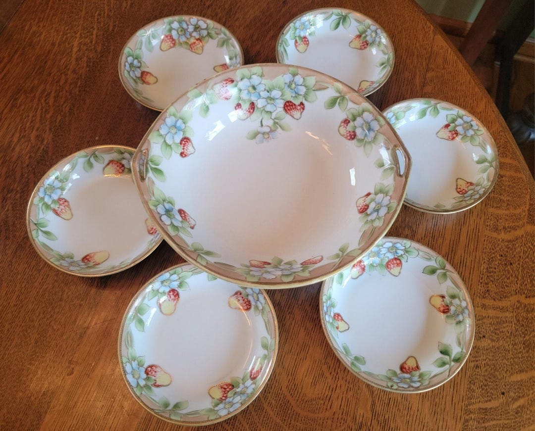 Morimura Bros Nippon 1 Serving Bowl Set 6 Berry Handpainted Strawberry ...