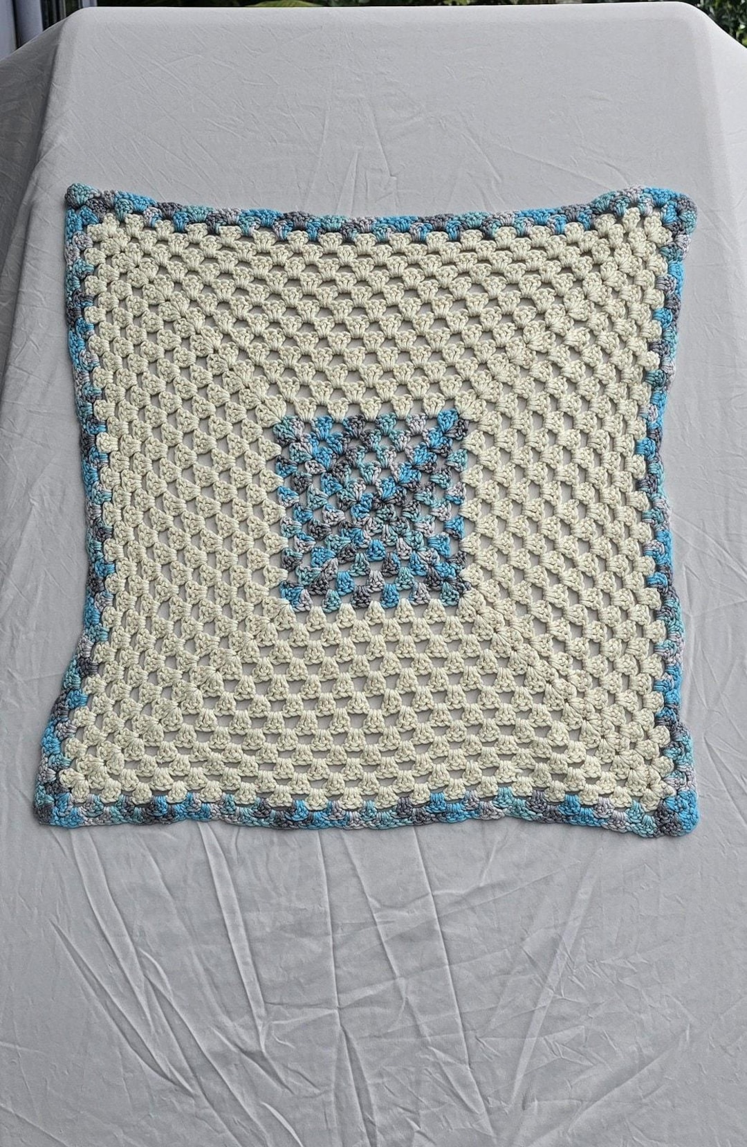 Handmade Crochet Baby Boy Receiving Blanket Beige Blue Granny Square ...