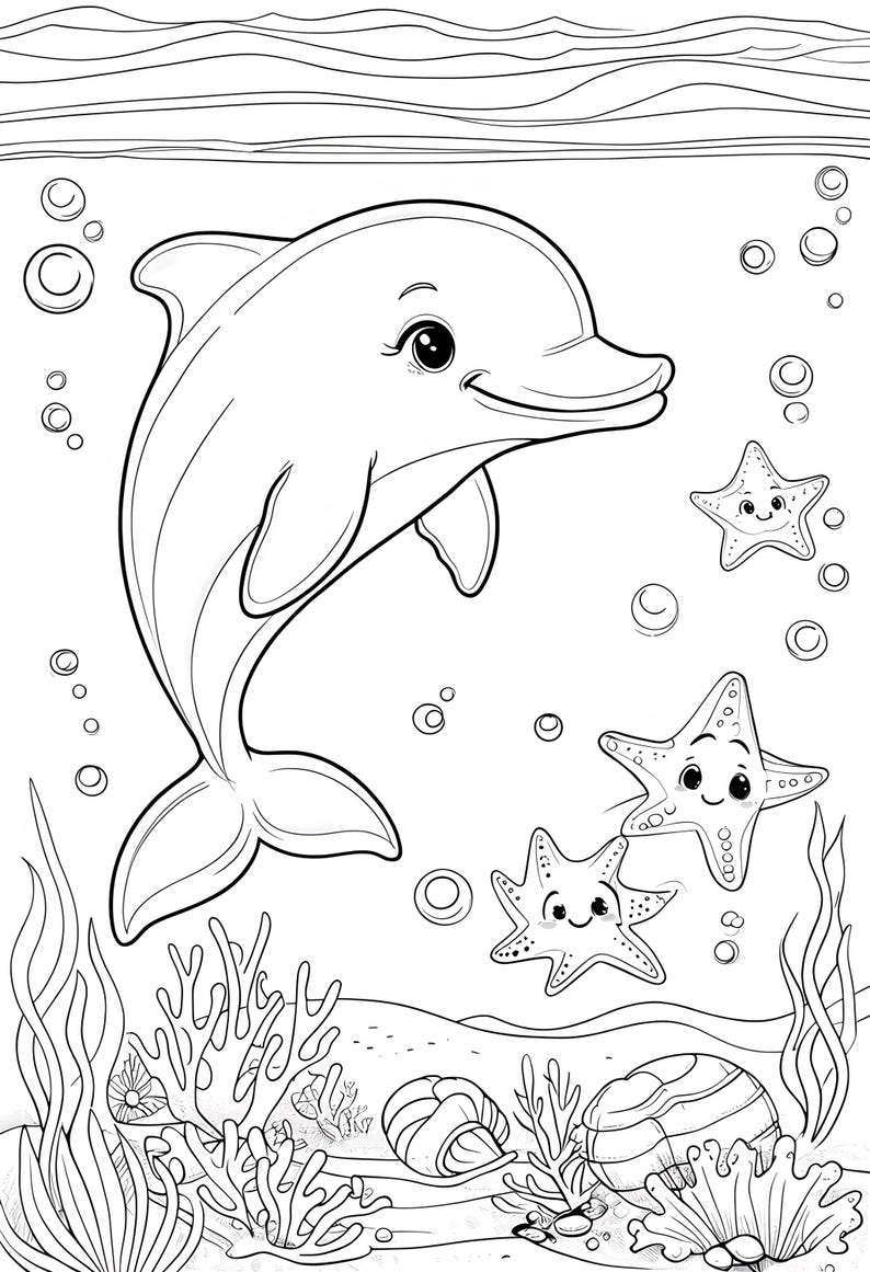 Dolphin Ocean Life Coloring Page for Kids - Etsy