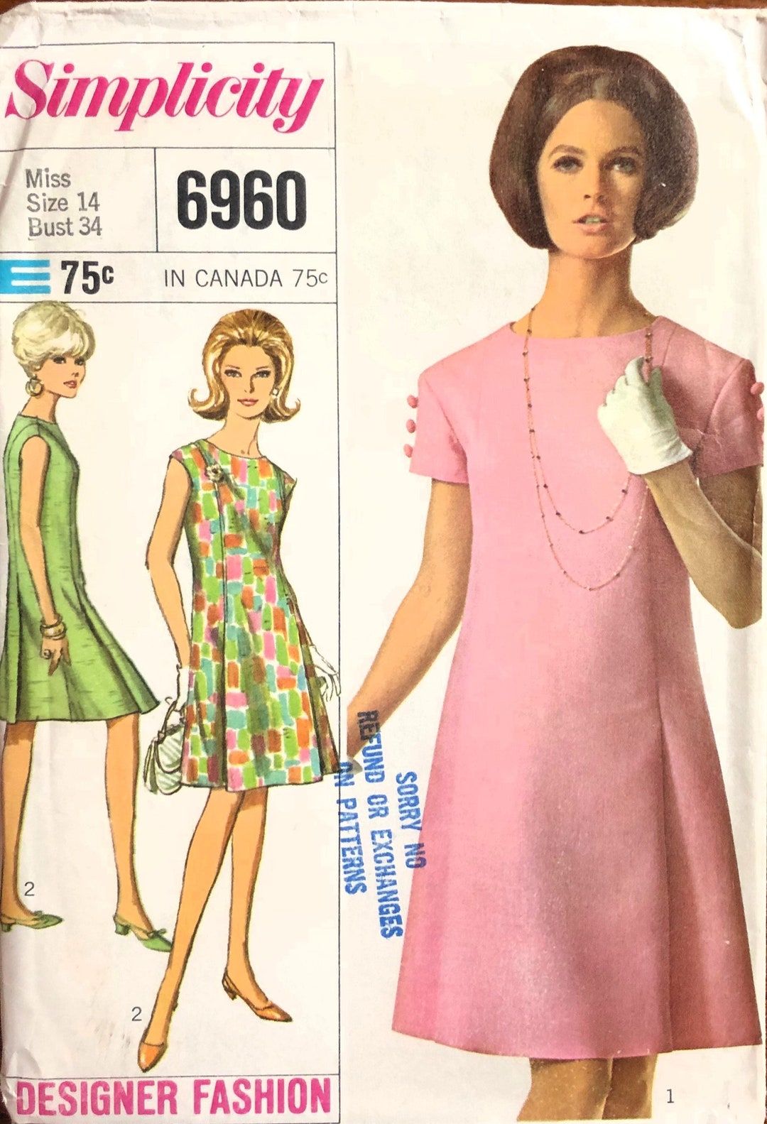 One Piece Dress Pattern, 1960s Designer Dress Pattern, Vintage ...