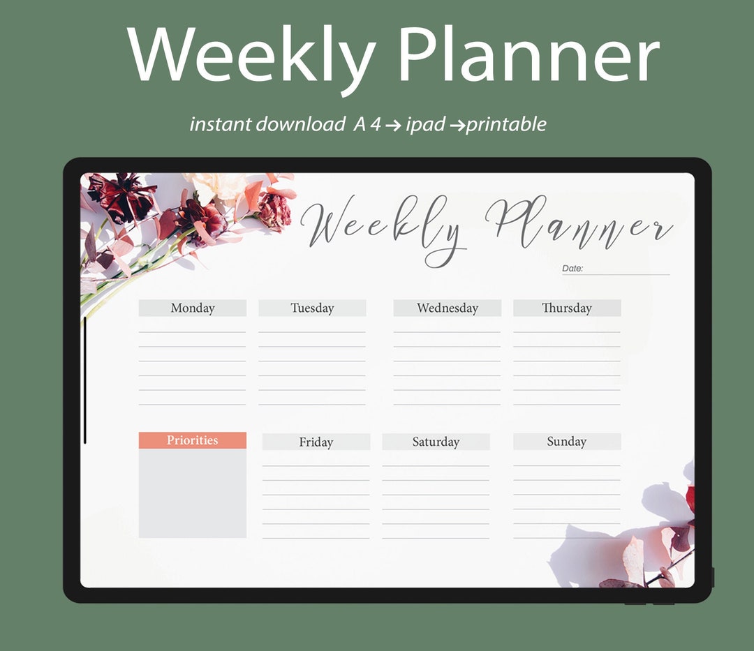 Weekly Planner A4 Floral Boho Week Plan With Priorities Box Work Desk ...